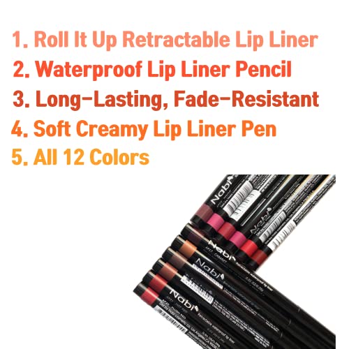 Beauty Spot 12 Colors Retractable Waterproof Lip Liner Set, Roll It Up Auto Lip Pencil, Long Lasting Fade Resistant