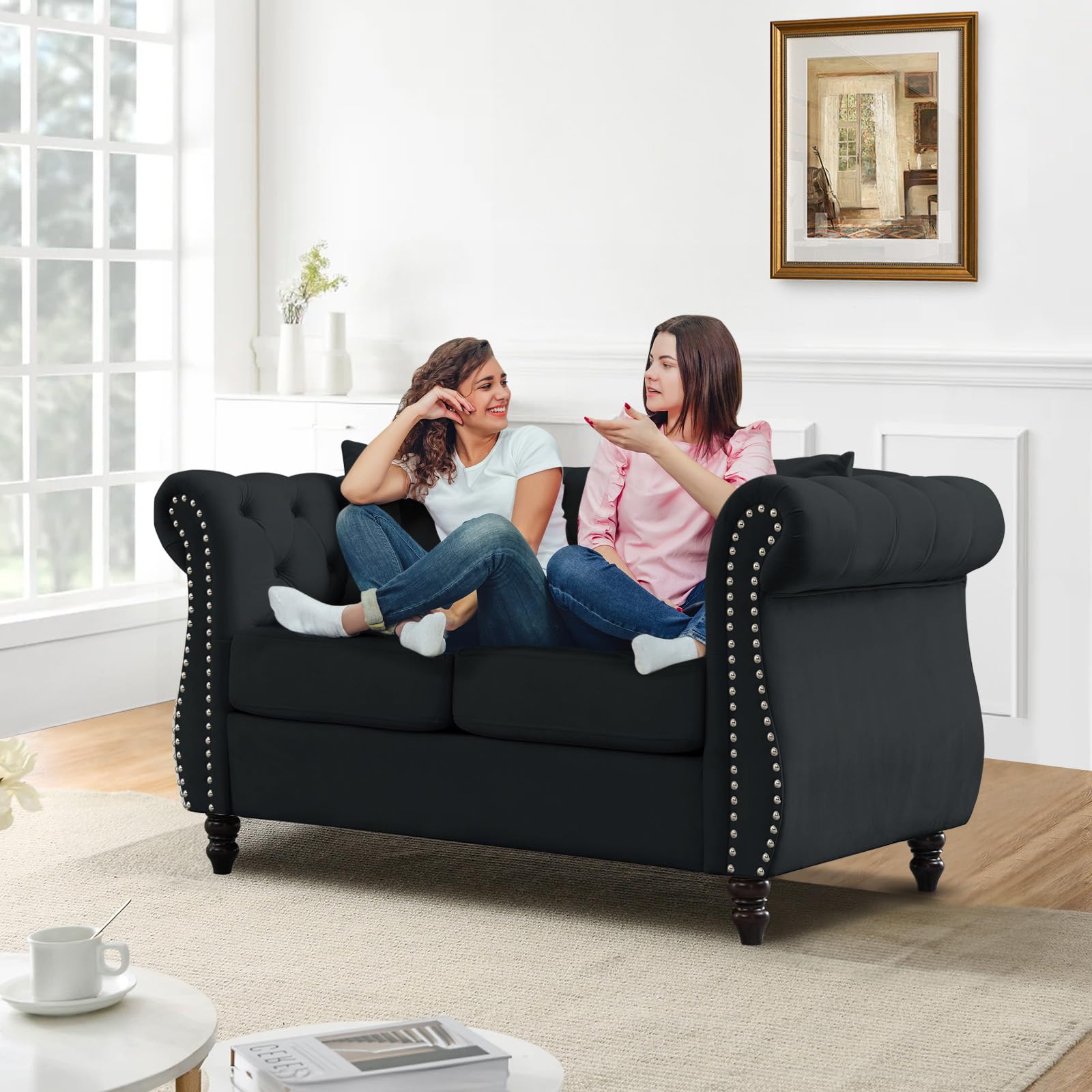 JEEOHEY Chesterfield Sofa Couch,80" Button Tufted Velvet Couch with Rolled Arms&Nailhead Trim,Comfy 3 Seater Sofa,Oversize Mid Century Modern Couch for Living Room,Bedroom,Apartment,Office(Beige)