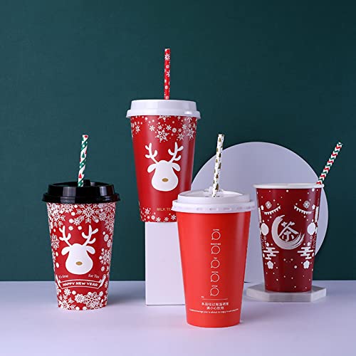 ALINK 200 Christmas Paper Straws, 8 Styles Red Green White Gold Biodegradable Party Drinking Straws with Stripe, Wave, Christmas Tree Snowflake Design Decorations Supplies
