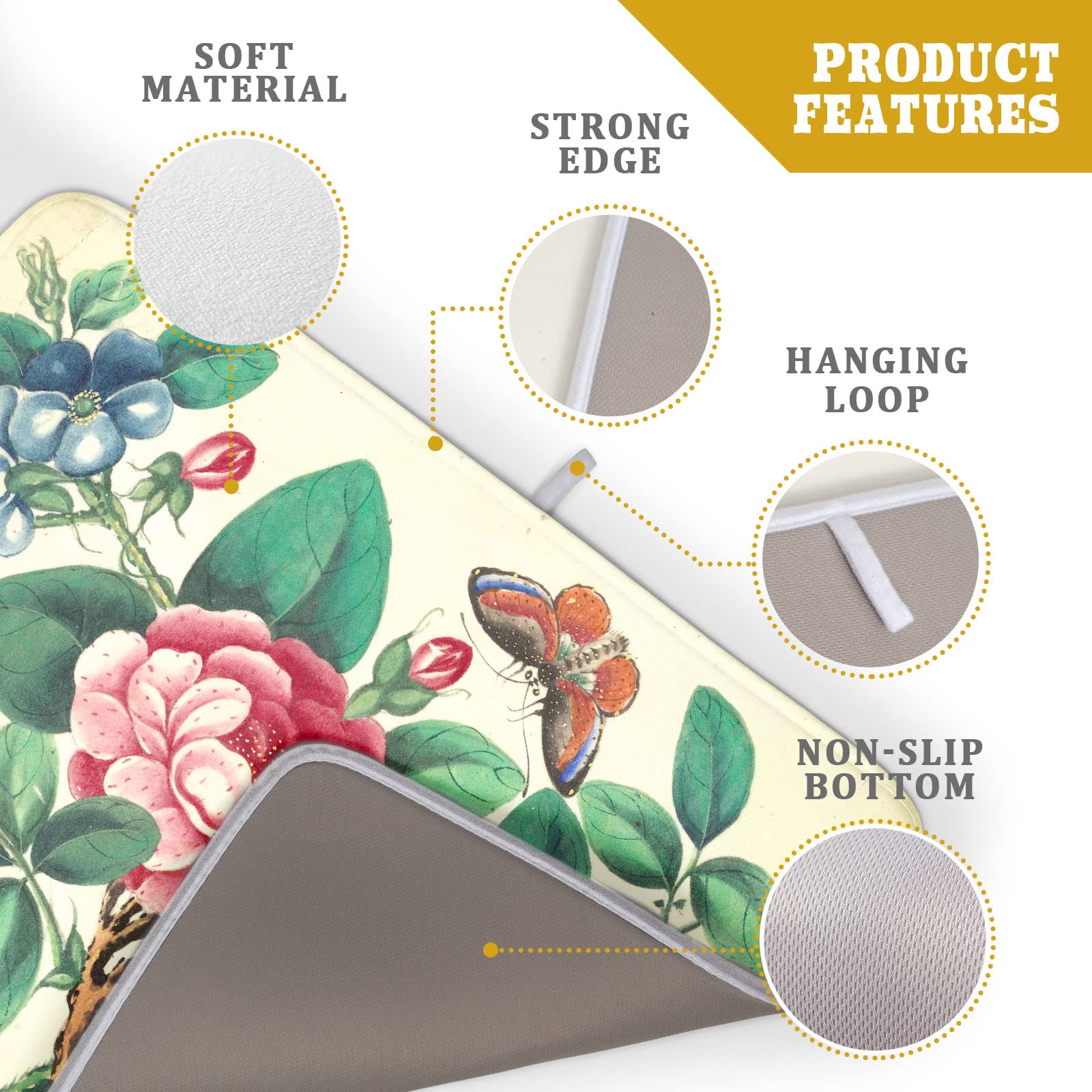 Beautiful Butterfly Flowers Dish Drying Mat Harmonious Nature Design Draining Mats Ultra Absorbent Microfiber Dish Rack Machine Washable and Super Fast Drying Pad for Kitchen Counter