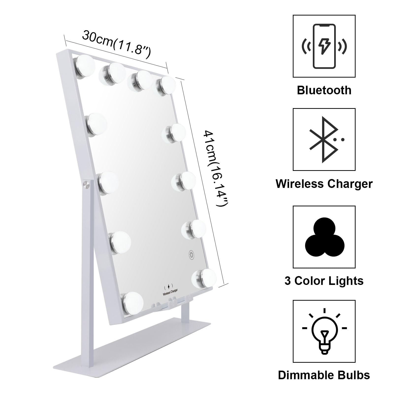 Fenair Hollywood Vanity Mirror with Lights Speaker and Wireless Charging Lighted Makeup Mirror with 12 LED Lights Upgrated Hollywood Mirror with Dimmable Lights