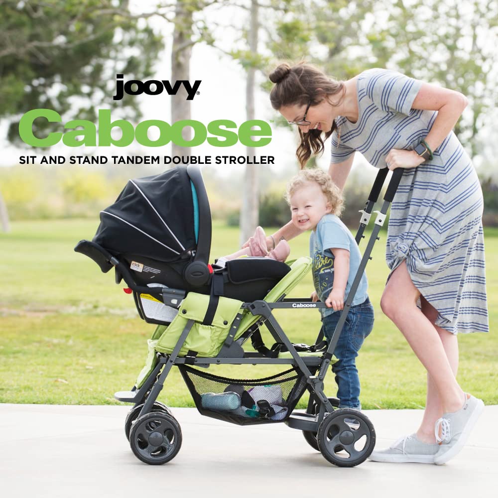 Joovy Caboose Sit and Stand Double Stroller with Rear Bench and Standing Platform, 3-Way Reclining Seats, Optional Rear Seat, and Universal Car Seat Adapter (Amber)