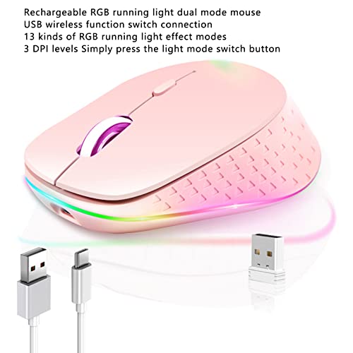 ASHATA 2.4G Wireless Mouse, RGB Running Light Gaming Mouse, Dual Mode Rechargeable Cordless Mouse, Adjustable 1000 1200 1600 DPI Portable Ergonomic Mice for PC Laptop, Pink