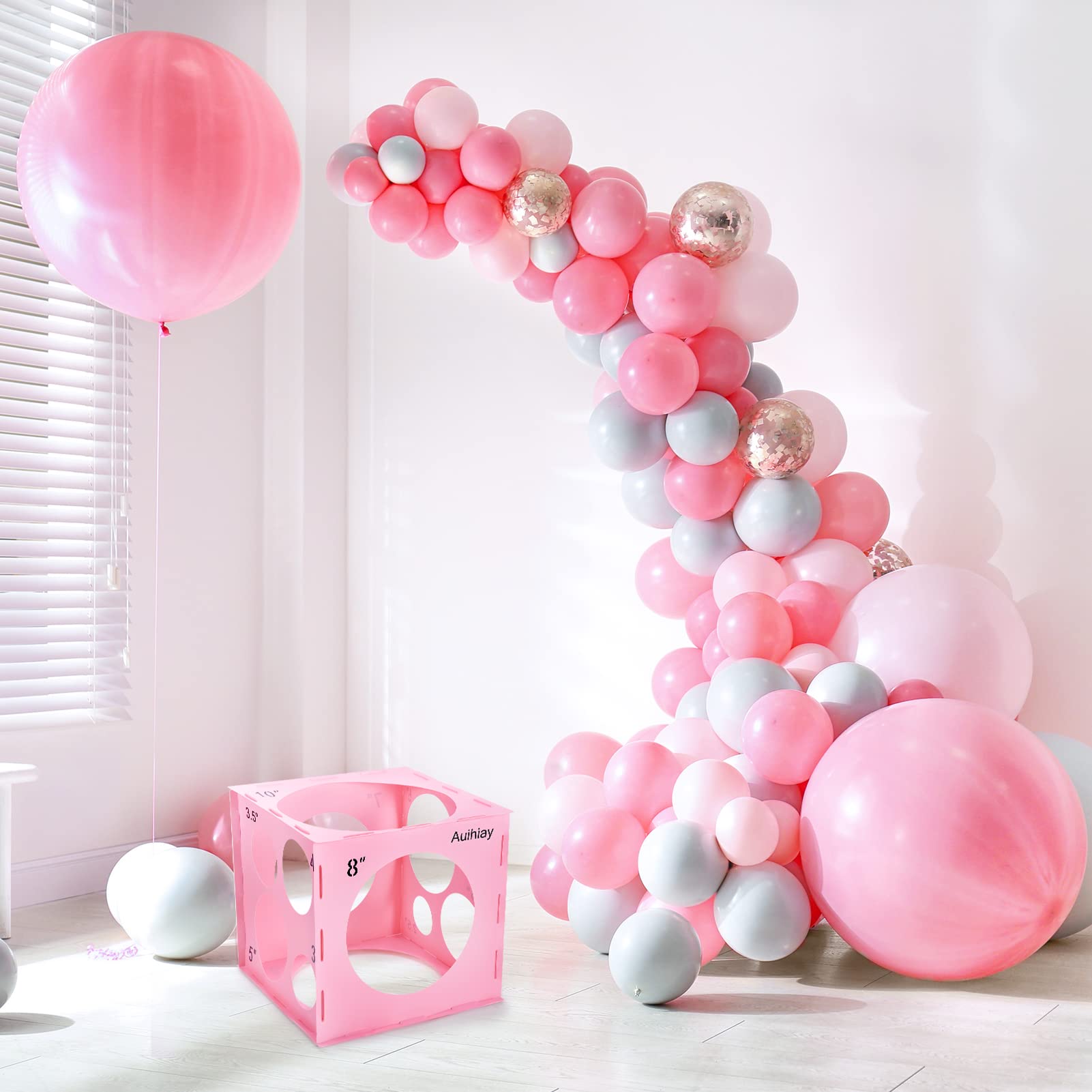 Auihiay Plastic Balloon Sizer Box Cube, Pink Collapsible Balloon Size Measurement Tool for Balloon Arches, Balloon Towers, Balloon Columns and Balloon Decorations (2-10 Inch)
