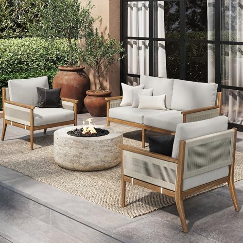 Nathan James Kayden Bohemian 3-Piece Patio Conversation Set, Outdoor Loveseat Set with Removable Cushion Covers, Solid Acacia Wood Patio Loveseat and Chairs, Light Brown