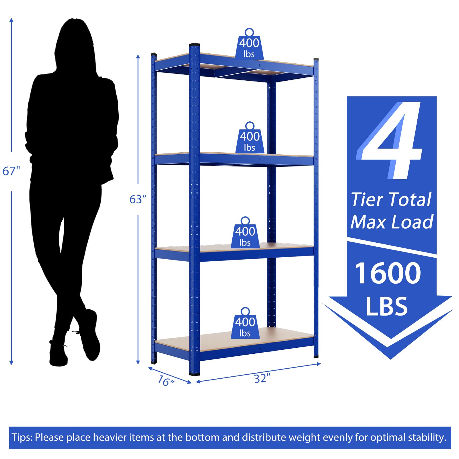 ERGOMASTER Storage Shelves Metal Garage Shelving Unit 4-Shelf Adjustable Heavy Duty Boltless Organizer Rack for Home Office Warehouse Pantry (1, Blue)
