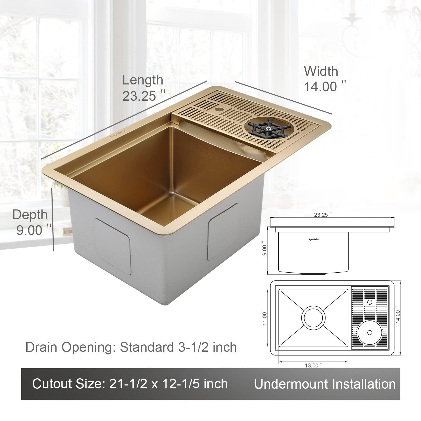 AS1514XG Brushed Gold Bar Sink with Glass Riner and AguaStella AS59BG Brushed Gold Pull Down Bar Faucet