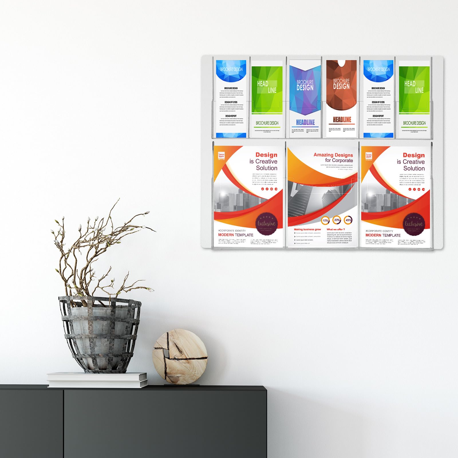 Barydat Acrylic Brochure Holder Wall Mount Plastic Magazine Display Clear Literature Rack Acrylic Pamphlet Holder Wall Mount Flyer Brochure Organizer, 3 Magazine Pockets, 6 Pamphlet Pockets