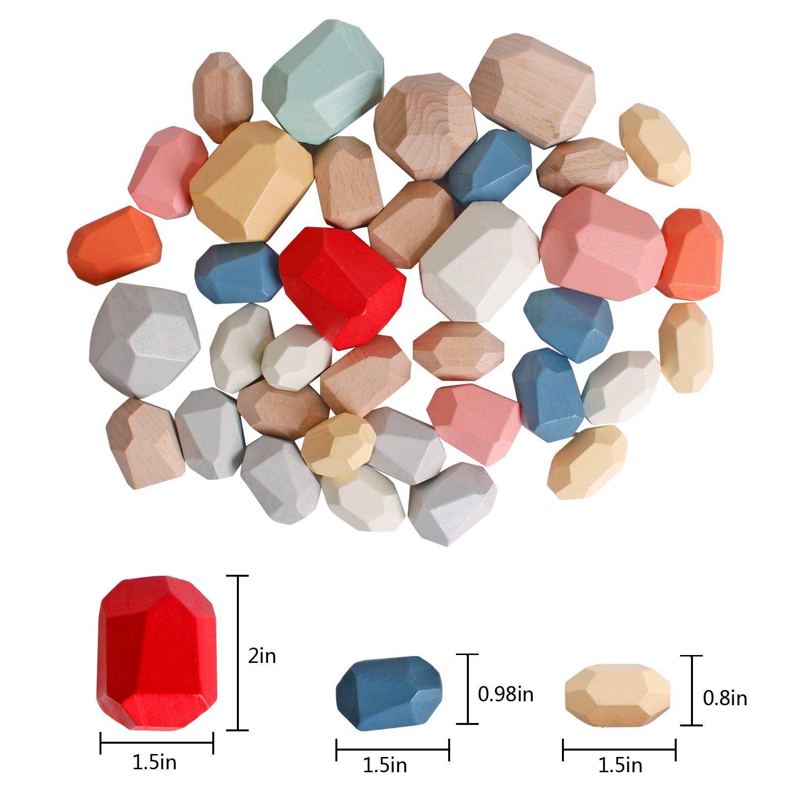 Dinhon 36pcs Colorful Blue Wood Stone Stacking Game Wooden Building Block Set Lightweight Natural Balance Weight Colorful Rock Block Educational Educational Toy