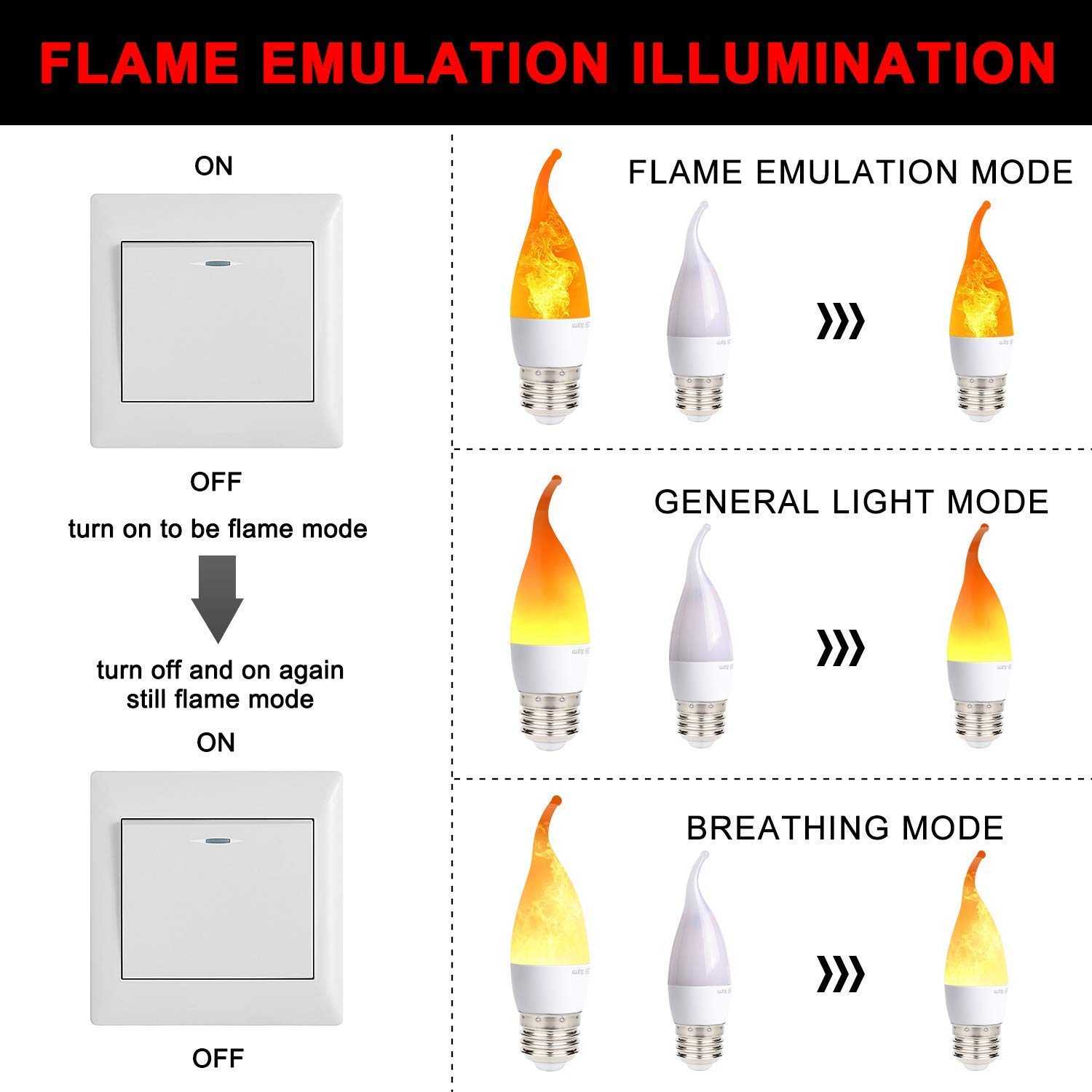 BAILAOYE 6 Pack LED Simulated Fire Flicker Flame Light Bulb, 3 Modes (Emulation General Breathing) 2W 1800K Warm White, E26 Base Fire Light Bulbs with Gravity Sensor for Home Bar Party Decorations