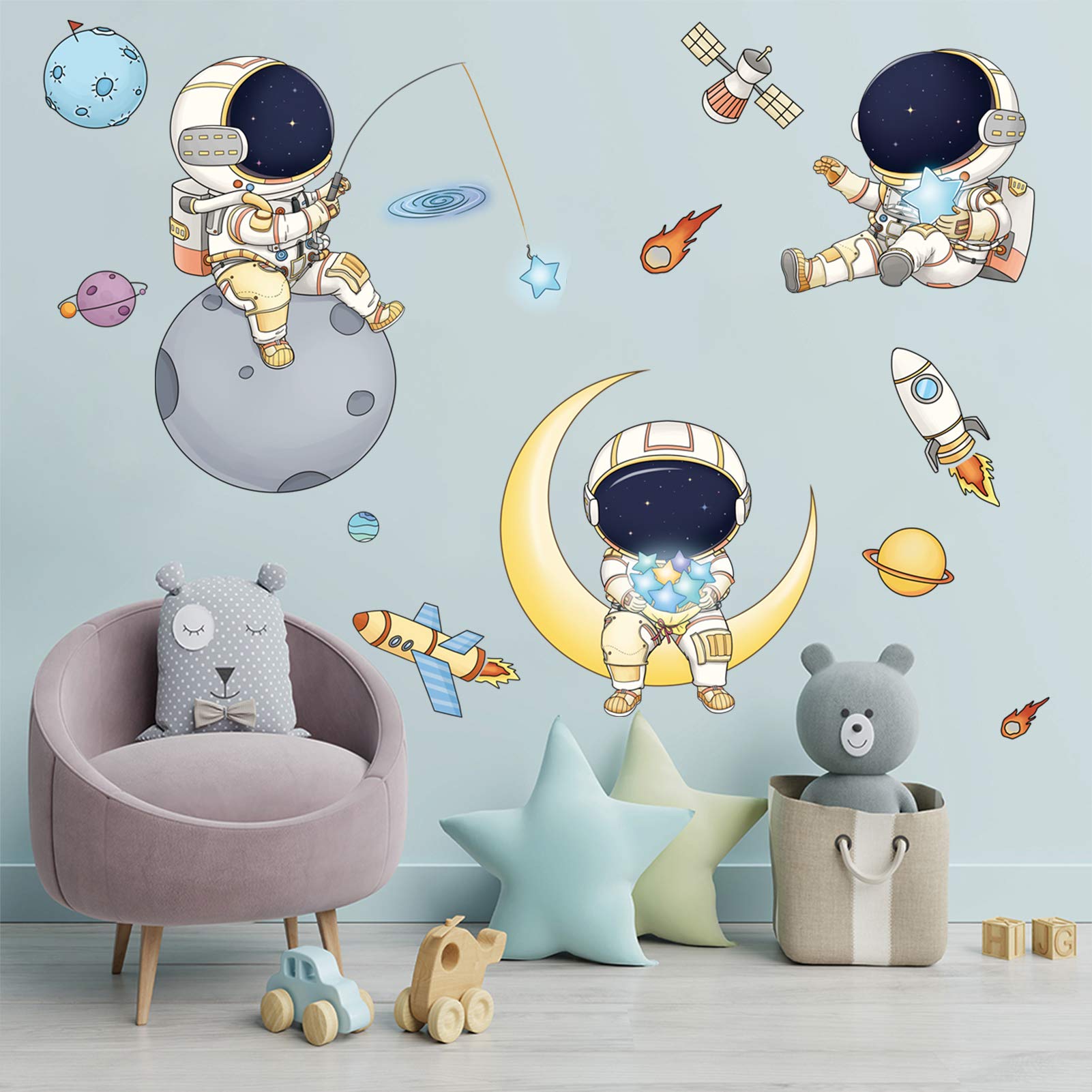 Astronaut Wall Stickers for Boys Bedroom, DILIBRA Cartoon Spaceman Outer Planet Creative DIY Art Vinyl Removable Wall Decal, Star Spaceship UFO Glaxy Wallpaper Decor for Kid’s Room Nursery