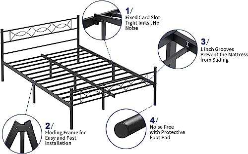 Black Metal Bed Frame Queen Size with Headboard Modern Platform Bed Sturdy and Easy Assembly No Box Spring Needed