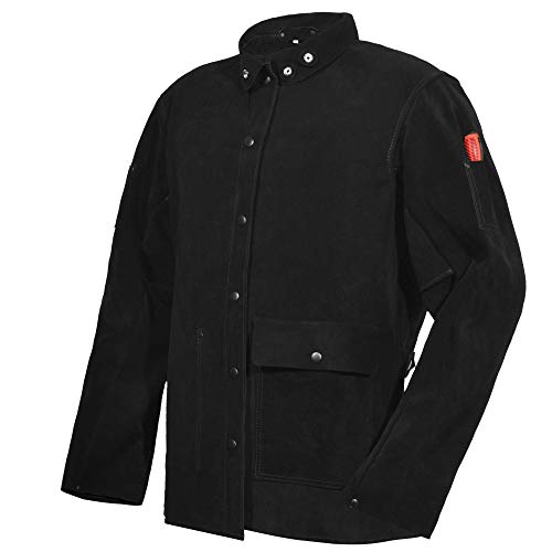 Black Leather Welding Jacket with Hood, Heavy Duty FR Split Cowhide Leahter Work Safety Jackets, Welder Jackets for Men & Women(Large)