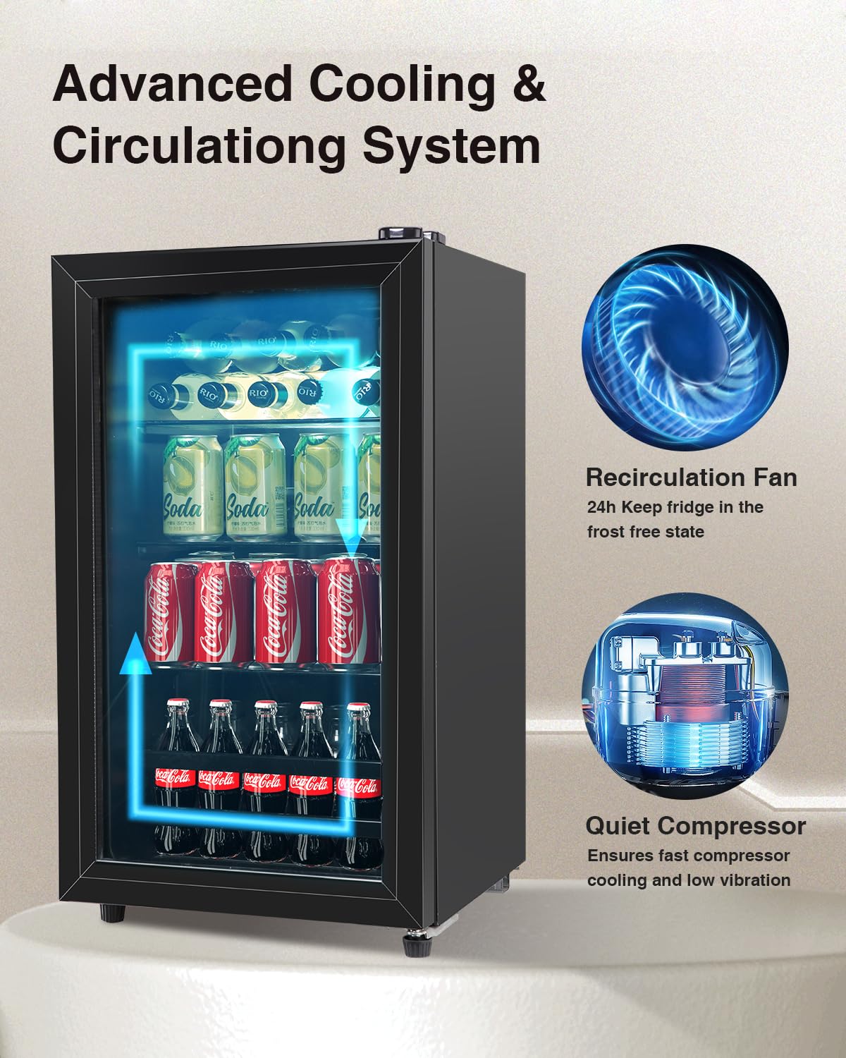 EUASOO FLB-60 Refrigerator Cooler-120 Can Freestanding Beverage Cooler with Glass Door-Small Drink Dispenser Machine for Office or Bar with Adjustable Removable Shelves, Black