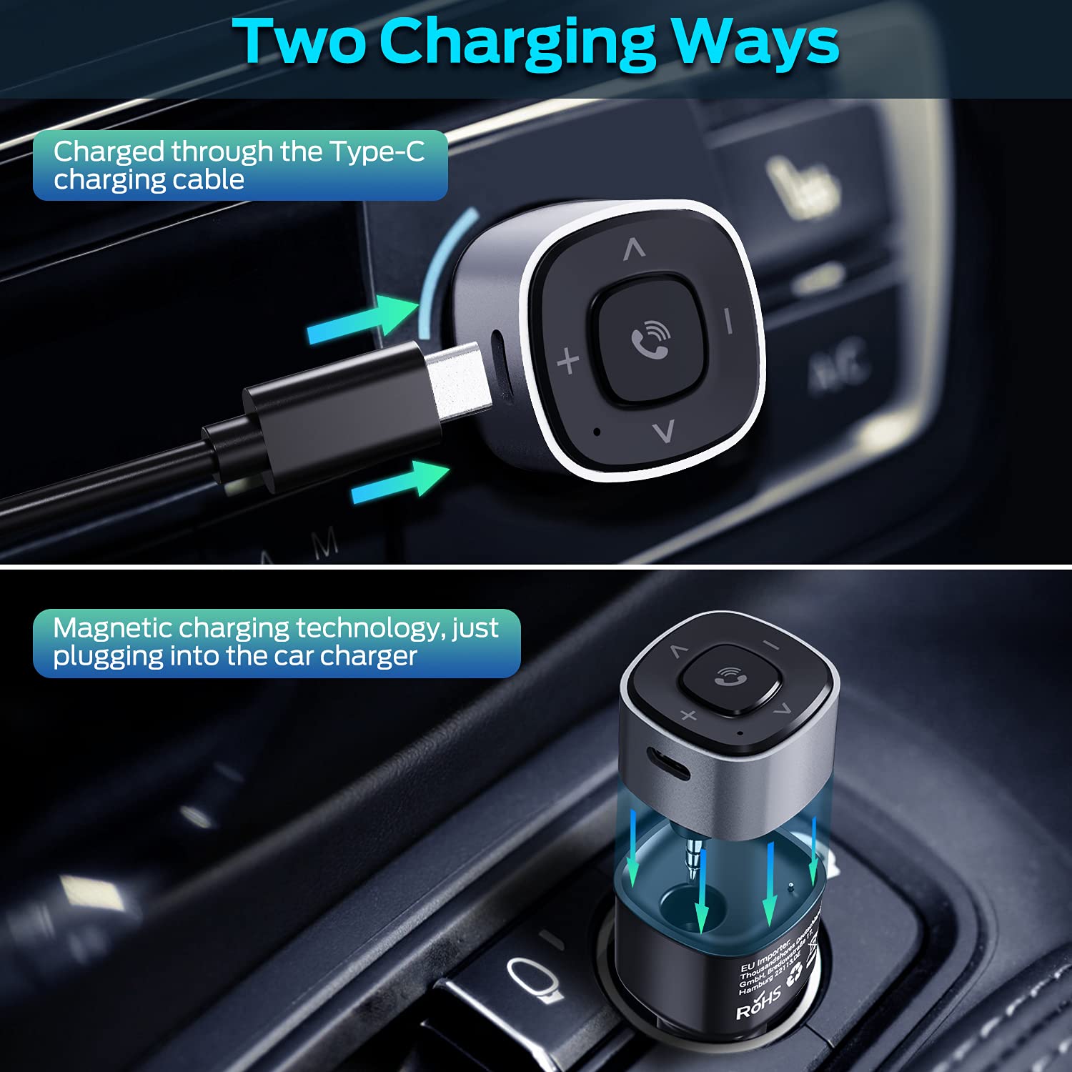 Esky Bluetooth Receiver for Car, 3.5mm Aux Bluetooth Car Adapter, Bluetooth 5.1 Wireless Car Audio Stereo Kits with Hands-Free Call, Dual USB Ports Car Charger