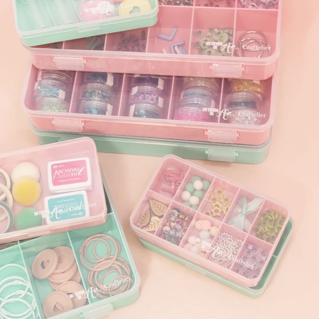 Craftelier - Organizing Box with 10 Compartments for Scrapbooking and Craft Materials | Dimensions 26.5 x 17.8 x 4.2 cm (10.4β x 7β x 1.65") - Pink and Transparent Color