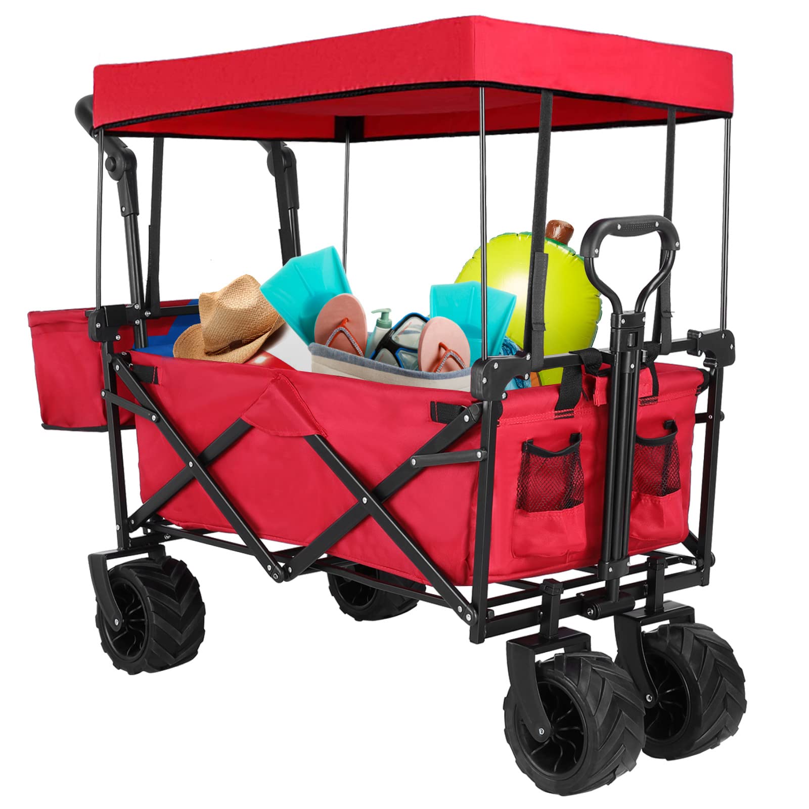 AthLike 250Lbs Capacity Foldable Utility Cart with Removable Canopy and Pockets, Red, Portable, Adjustable