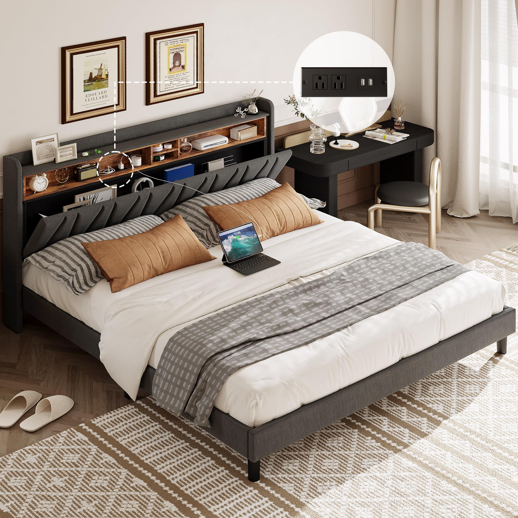 ANCTOR King Bed Frame with Charging Station, Fabric Upholstered Platform Bed King Size with Storage Headboard, Heavy Duty Steel Support Legs, No Box Spring Needed, Easy Assembly, Dark Grey