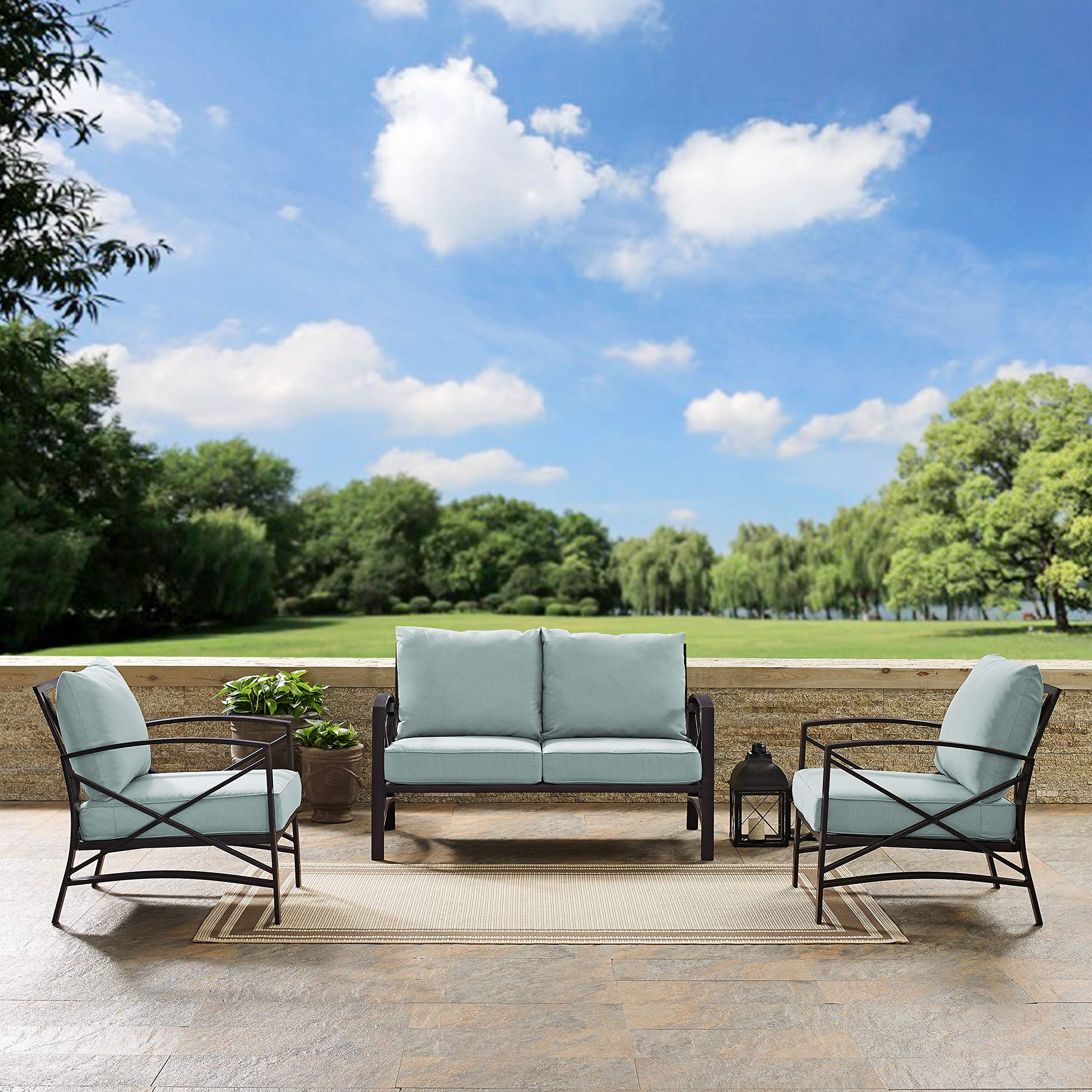 Crosley Furniture Kaplan 3-Piece Outdoor Loveseat Patio Furniture Set, Conversation Sets for Porch, Deck, White with Navy Cushions