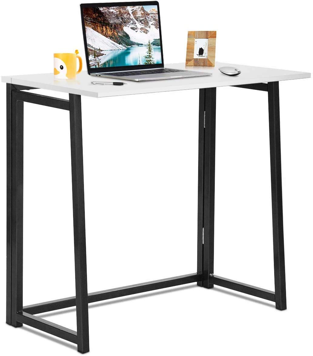 ARLIME Foldable Computer Desk, Home Office Study Laptop Table Workstation Writing Desk, Compact Study Reading Table for Small Space Bedroom, Vintage Metal Frame No Assembly Folding Desk (White)