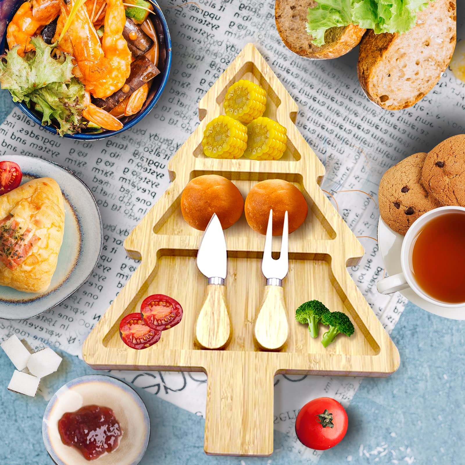 Bamboo Serving Platter, Multiple Spaces Reusable Bamboo Plates, Novel Shape Charcuterie Board Set with Knife & Fork, Fruit, Bread, Salad Plate for Christmas Thanksgiving (Christmas Tree)