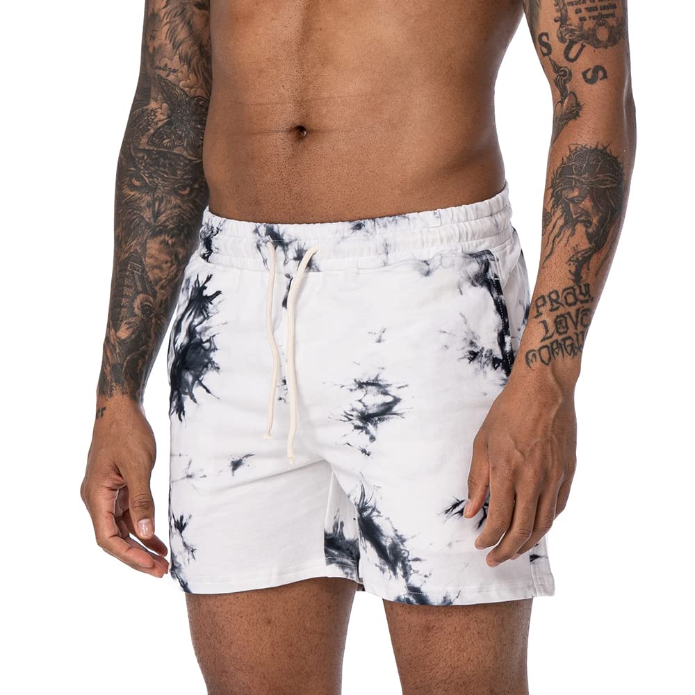 AIMPACT Men's Tie Dye Shorts Bodybuilding Workout Cotton Gym Shorts with Pockets(PinkWhiteS)
