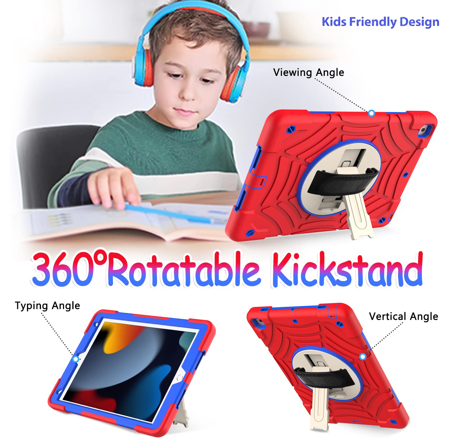 BMOUO Case for iPad 9th/8th/7th Generation - 10.2 Inch 2021/2020/2019 with Screen Protector, 360 Rotating Stand Hand & Shoulder Strap Shockproof Kids Case for iPad 9/8/7 Gen, Red