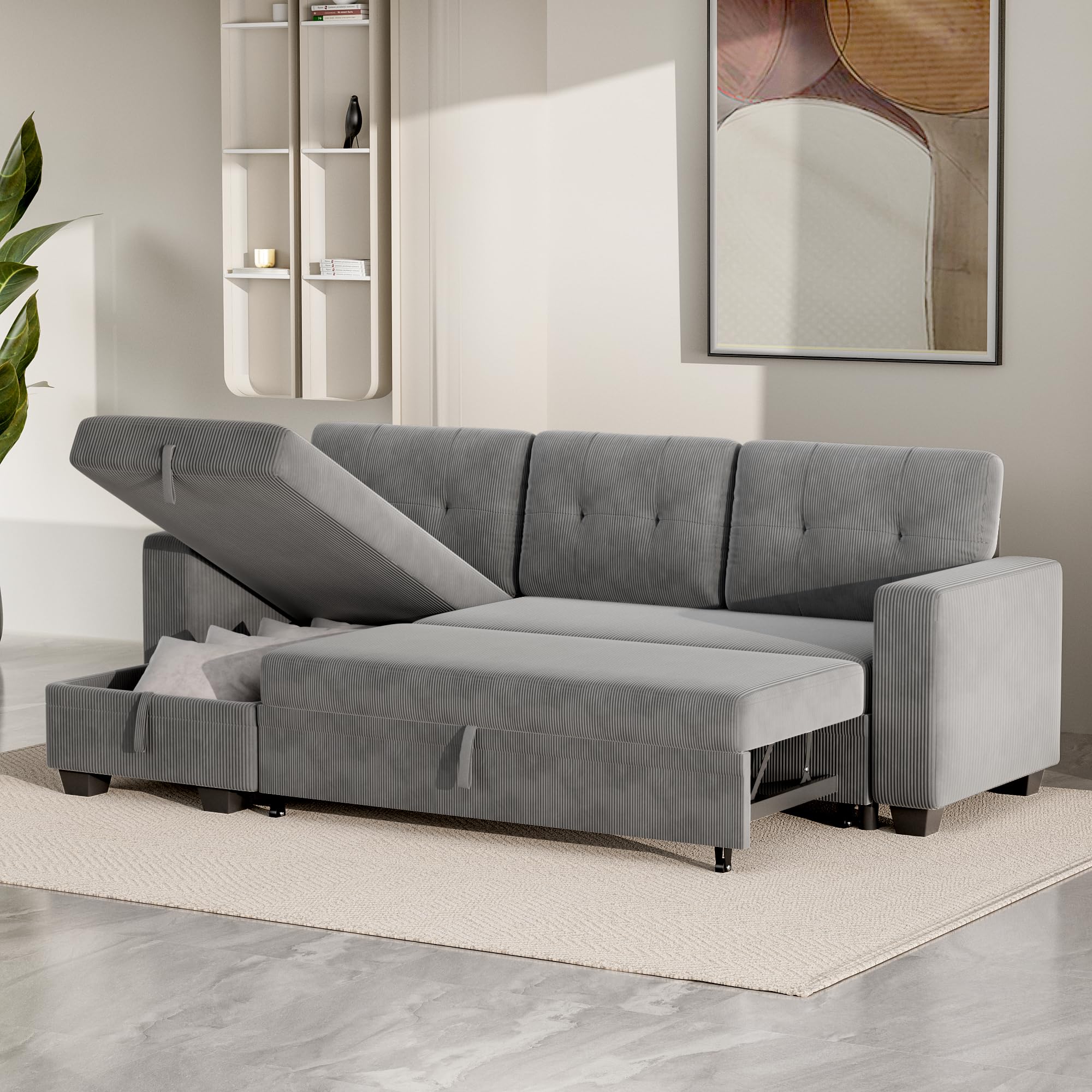 Furmax Sleeper Sofa, Sofa Bed L Shaped Sectional Couch with Reversible Storage Chaise Lounge, Modern Fabric Pull Out Couch & Couch Bed for Living Room Small Space (Grey)