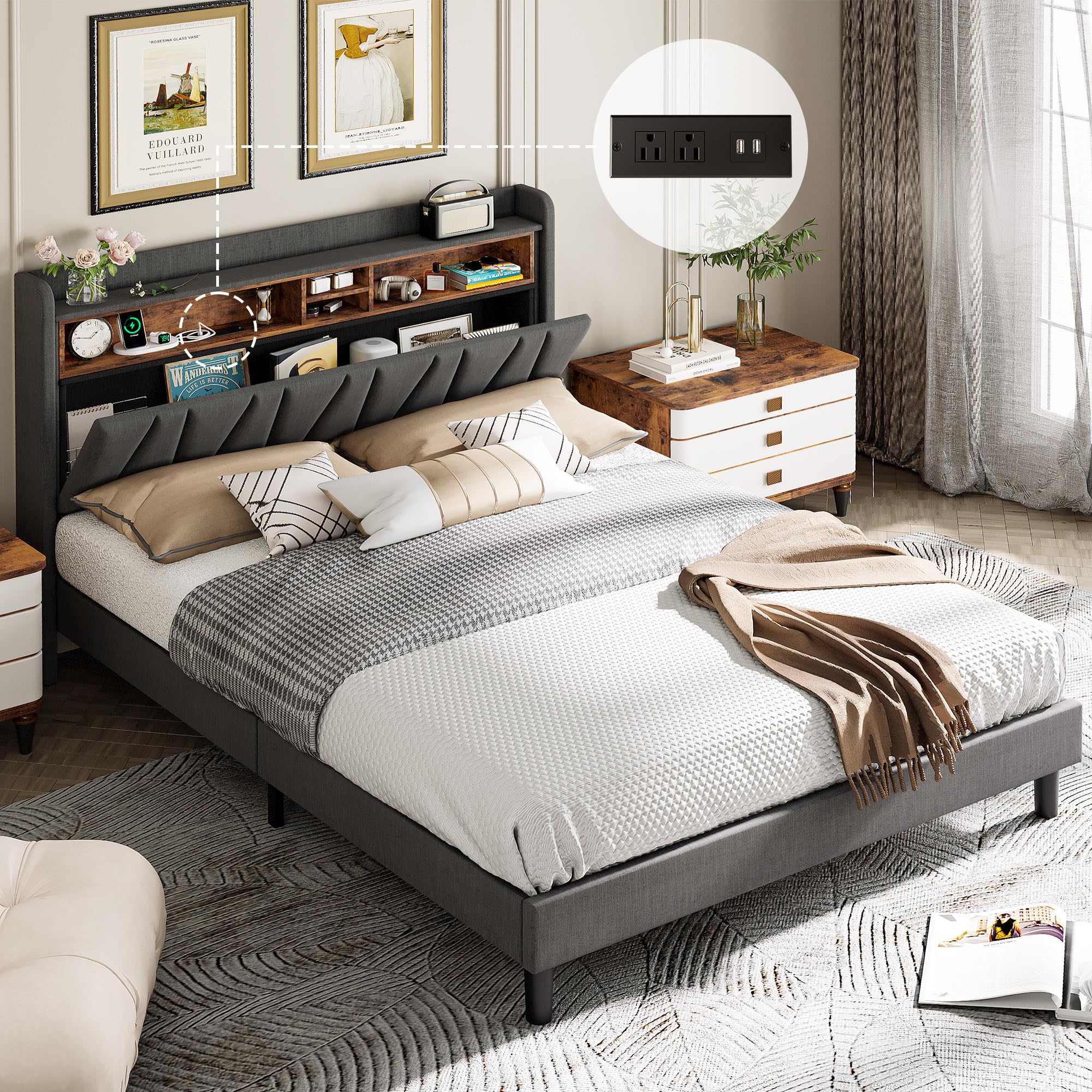 ANCTOR Queen Bed Frame with Charging Station, Bed Frame Queen Size with Storage Headboard, Upholstered Platform Bed with Heavy Duty Support Legs, No Box Spring Needed, Noise Free, Dark Grey