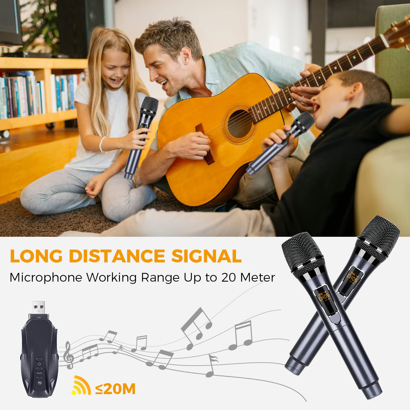 Asmuse Wireless Microphone, Metal UHF Handheld Dynamic Microphone System, Wireless Mic Dual Cordless with USB Rechargeable Receiver, Microphone for Karaoke, Church, Speech, Wedding, Party Singing