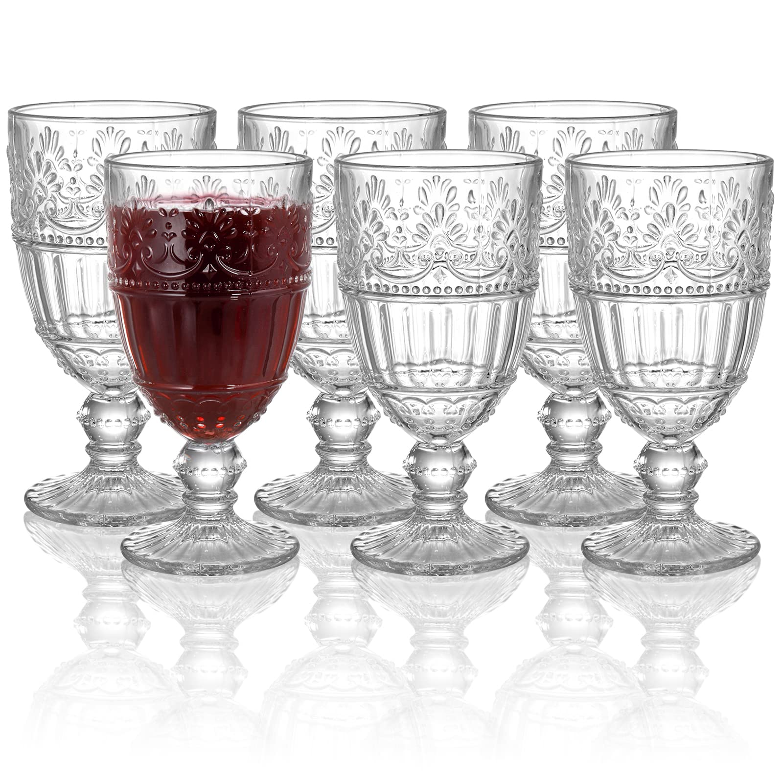 AVLA 6 Pack Glass Goblet, 12 OZ Vintage Wine Glassware, Romantic Wedding Glass Set, Drinking Stemware Beverage Cups for Party, Bar, Champagne, Juice, Beer, Cocktail, Embossed Design