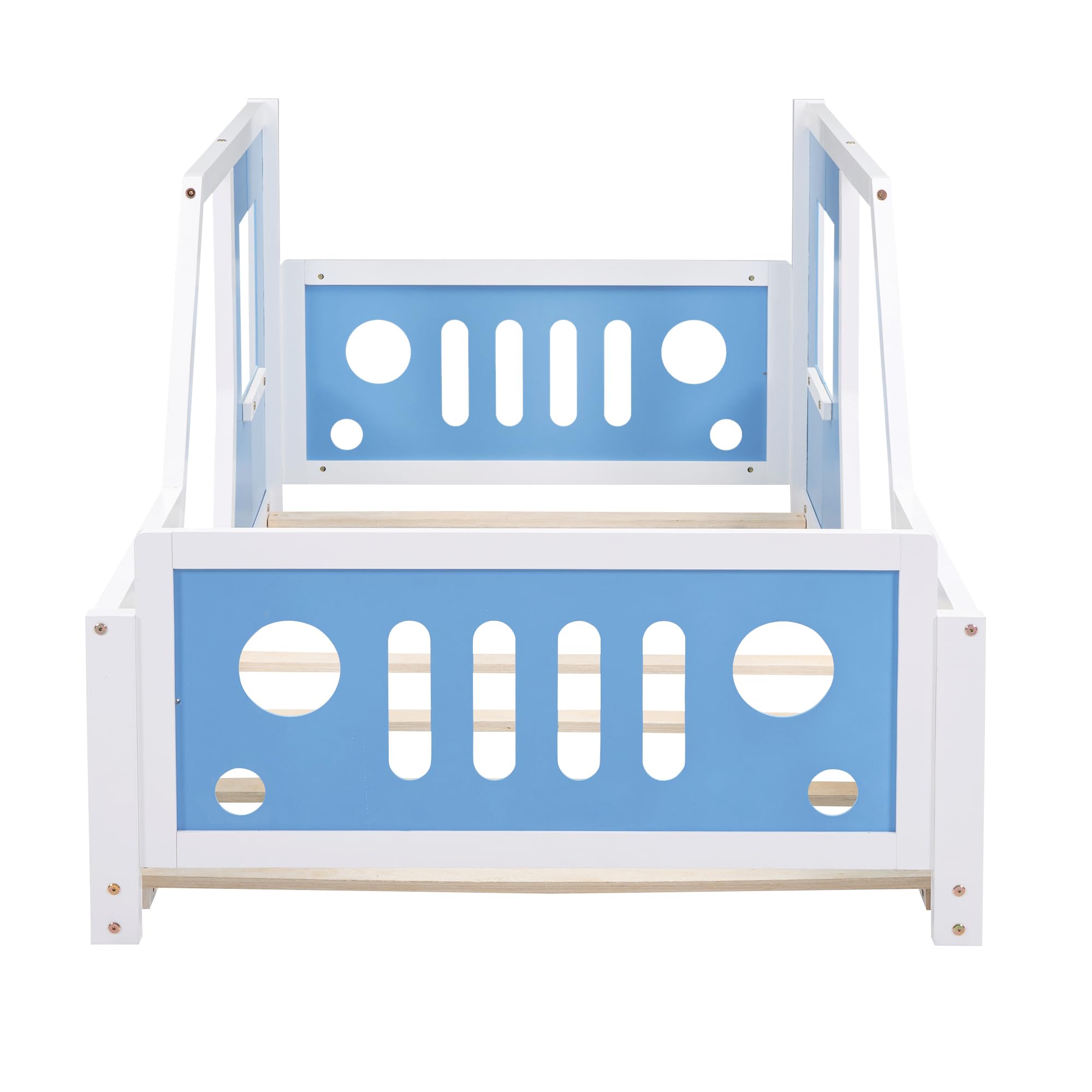 Twin Size Car Bed, Wood Floor Bed Frame with Headboard & Footboard and 4 Side Rails, Kids Racecar Bed for Boys Girls Teens, Blue