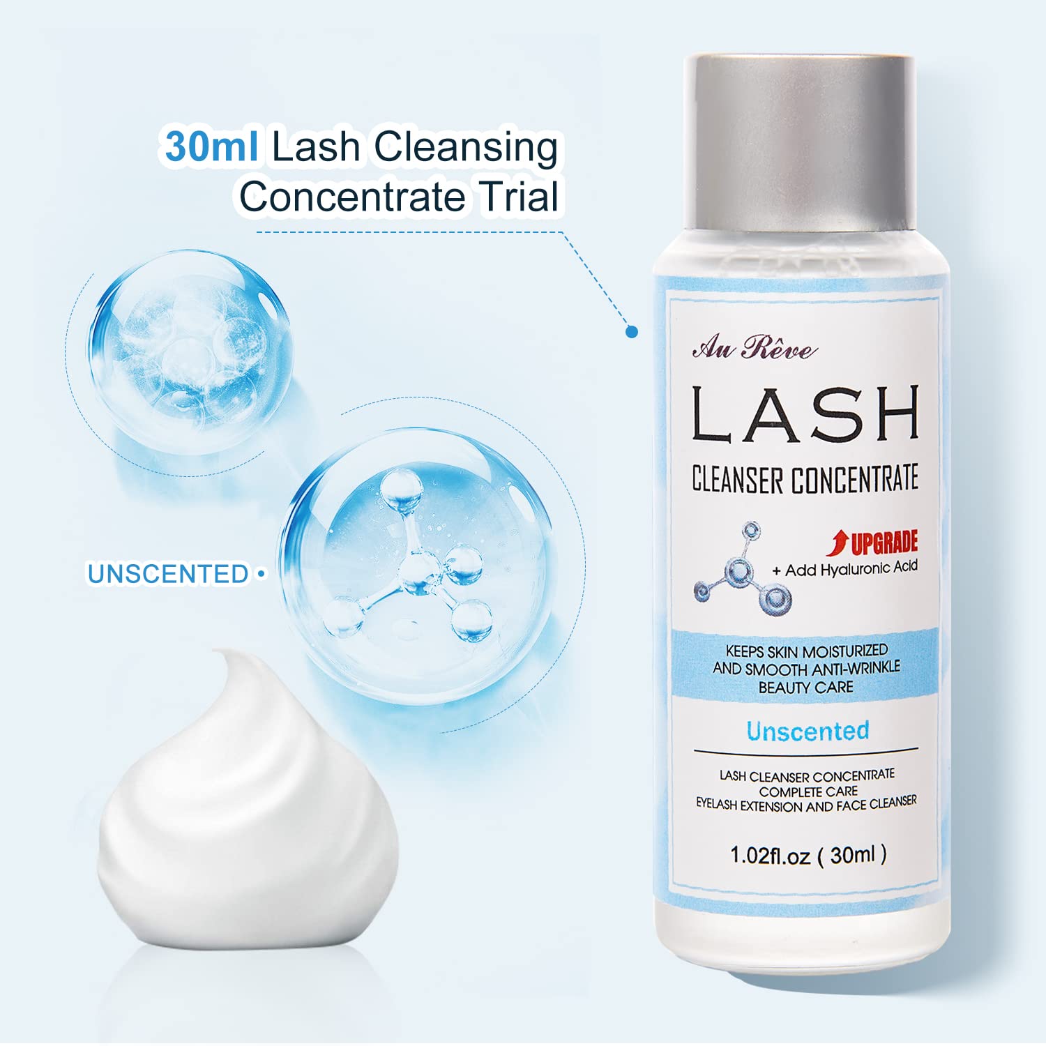 AuReve Lash Shampoo Concentrate 30ml Lash Cleanser Concentrate Add Hyaluronic Acid Oil-Free Lash Extension Shampoo Perfect for Salon,Unscented