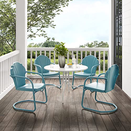 Crosley Furniture Tulip 5-Piece Outdoor Dining Set for 4, Retro Metal Round Patio Table and Chairs for Deck, Pastel Blue Satin