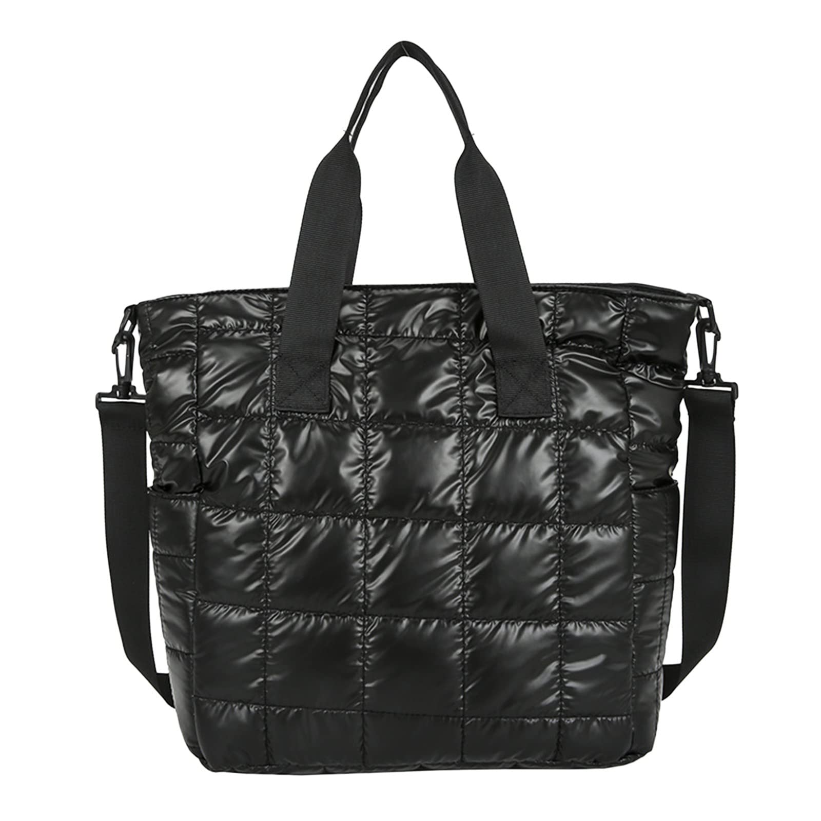 Beach Bags For Women Women's Bags Solid Color Plaid Quilted Bag Large Capacity Zipper Shoulder Bag (Black, One Size)