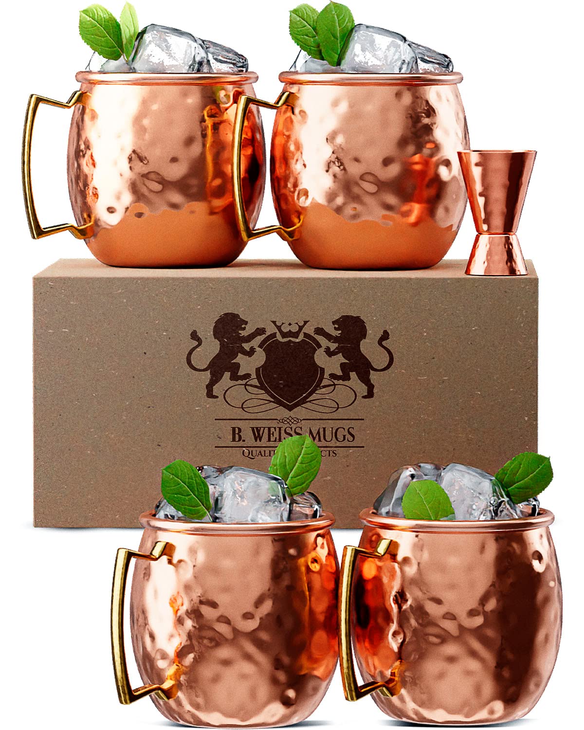 B. WEISS Moscow Mule Copper Mugs, Set Of 4 Brass Handle Copper Cups For Drinking, Each Mug is Handcrafted - Food Safe (Copper Plated Stainless Steel) (Set of 4)