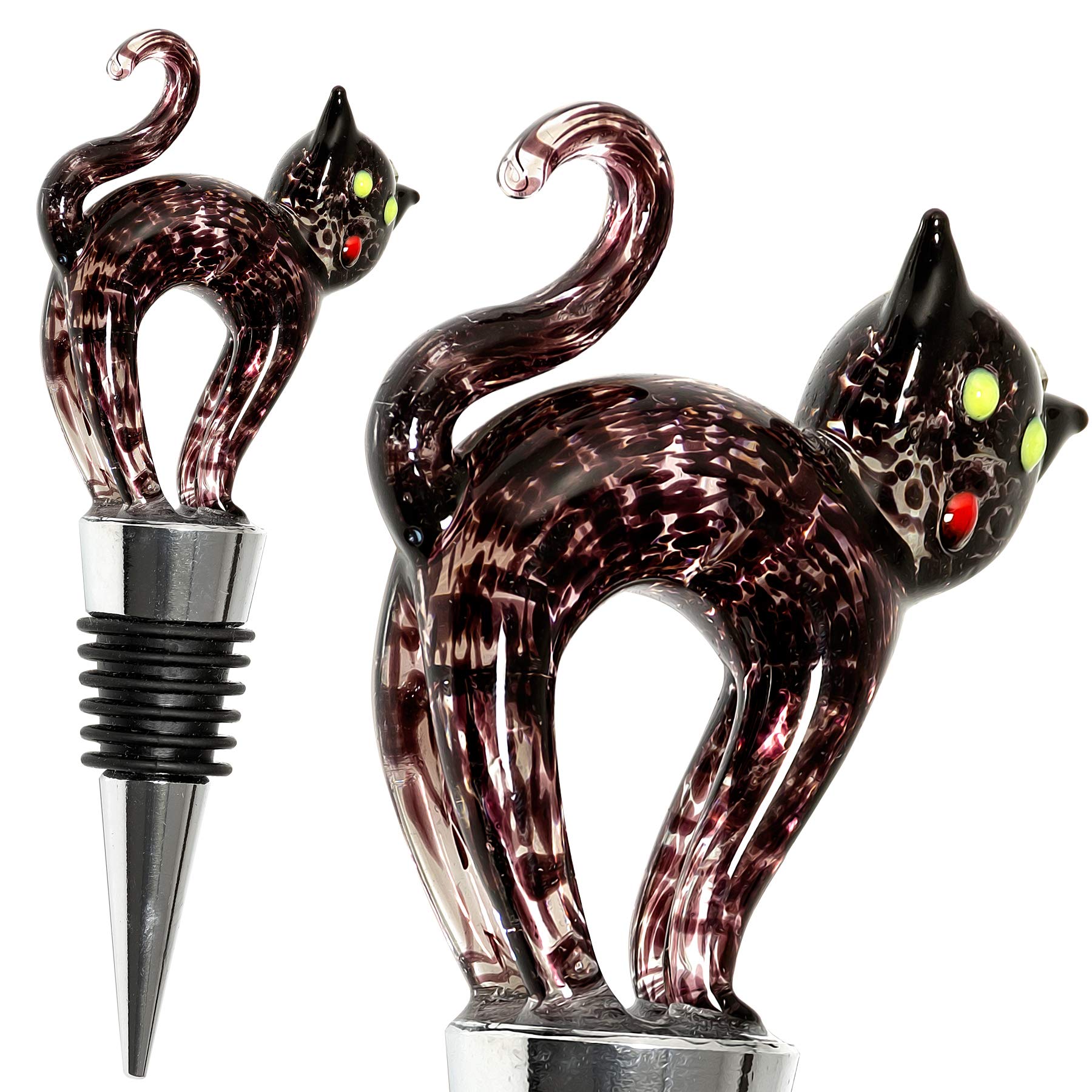Black Cat Halloween Wine Bottle Stopper - Decorative, Unique, Handmade, Eye-Catching Glass Cat Wine Stoppers – Cute Cat Bottle Stopper - Wine Accessories, Cat Gift for Hostess - Wine Corker / Sealer