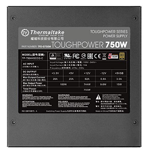 Thermaltake Toughpower 750W 80 Plus Gold Semi Modular PSU ATX 12V or EPS 12V Ultra Quiet Power Supply PS-TPD-0750MPCGUS-1