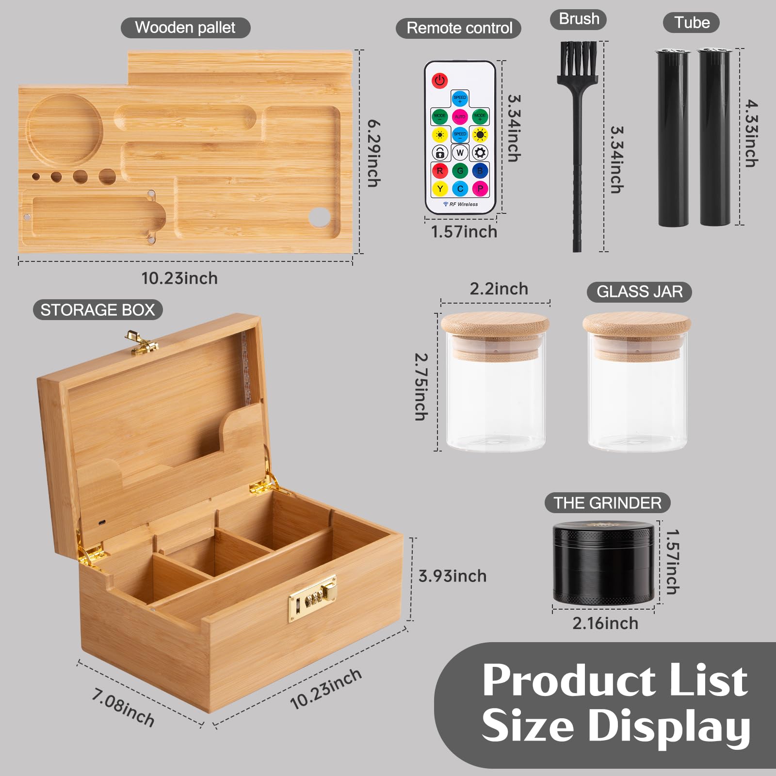 IEVEY Stash Box with Rolling Tray & Neon, Smell Proof Large Bamboo Storage Box with Lock, Decorative Box Set Includes Glass Jars & Grinder & Brush, Great Gift for Men Women(Bamboo)