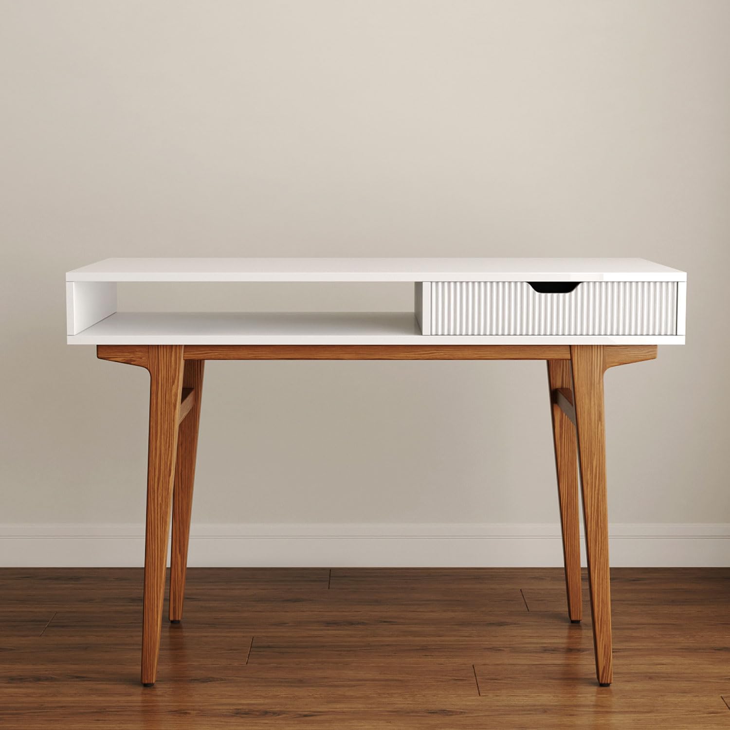 Longcoam Design White Computer Desk with Drawers - 45 inch Minimalist Small Solid Wood Mid-Century Modern Office Desk for Home - Boho Style Writing Table with Open Storage,Light Wooden Desk Workspace