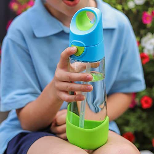 b.box 20oz Tritan Straw Bottle | Large, Modern Water Bottle with Flip Straw for Kids | Spill Proof, BPA Free (Emerald Forest, 20 oz)