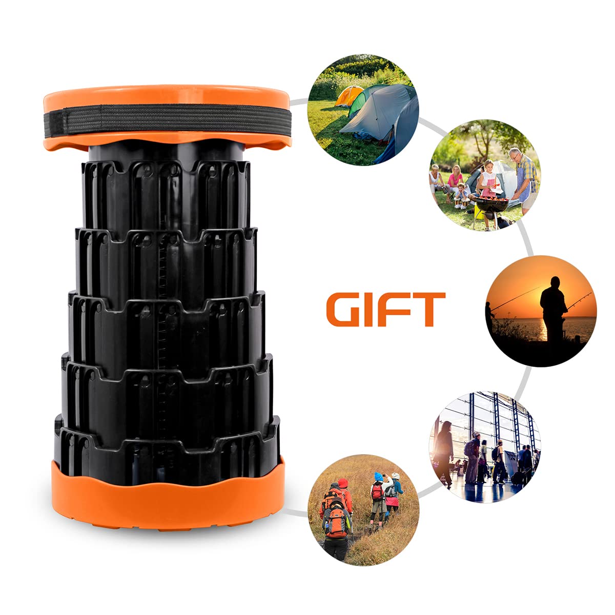 Aselpida Retractable Folding Stool, 400lbs Collapsible Adults Folding Stools, Telescoping Stool for Camping Fishing Hiking Garden Travel Adjustable Lightweight (Orange)