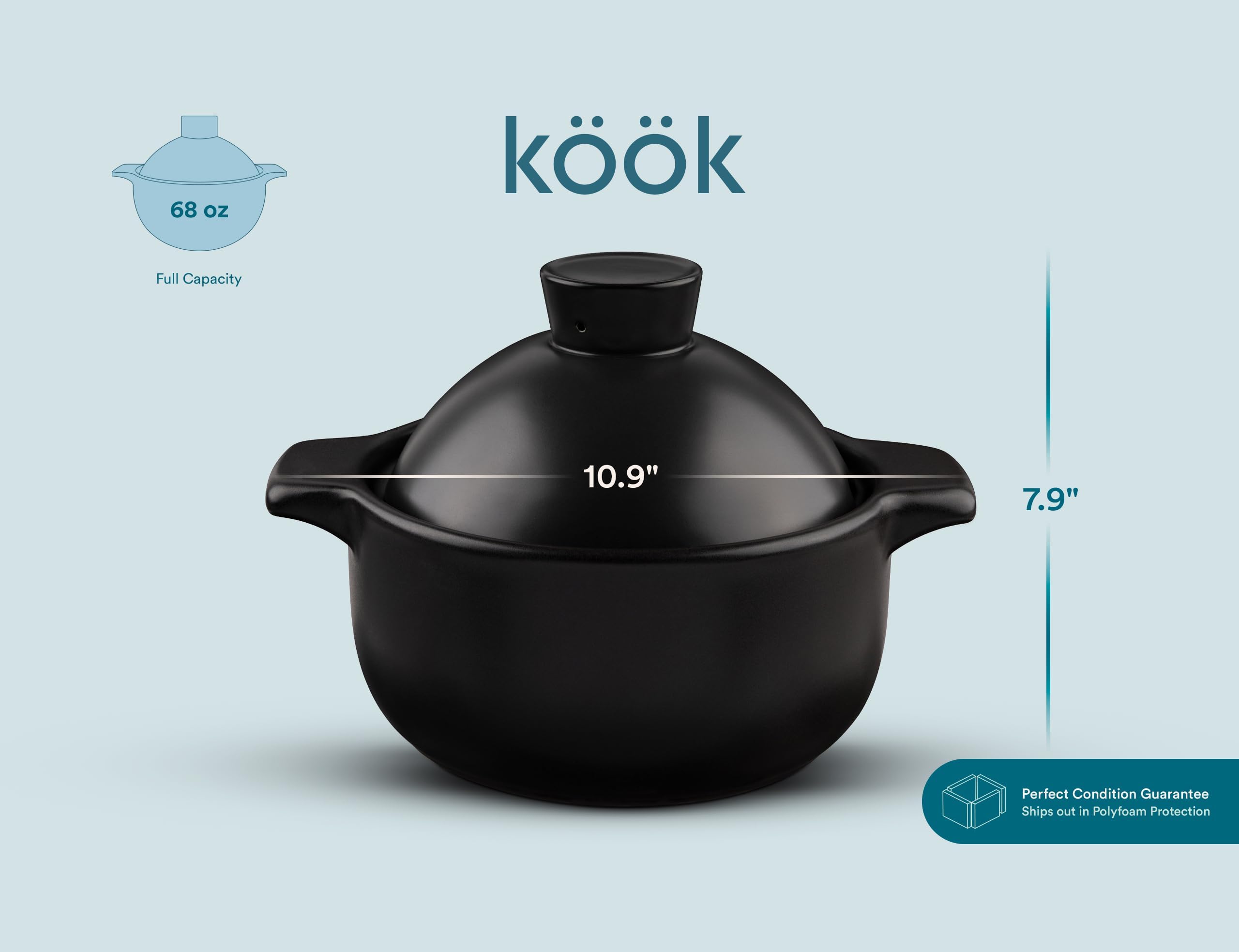 Kook Korean Hot Pot, Dolsot Pot, 68 oz, with Lid, for Cooking Donabe, Bibimbap, Kimchi, Hot Pot, Soups and Stews, Oven and Dishwasher Safe, Black