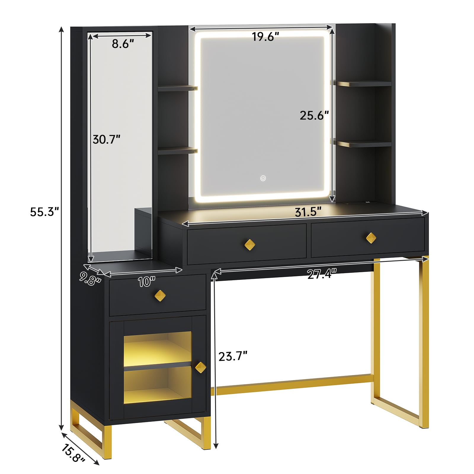 BTHFST Vanity Desk with Lighted Mirror & Jewelry Storage, Makeup Vanity with Lights & Charging Station & Full Length Mirror, Vanity Table with Drawers & Shelves & RGB Cabinet, White and Gold