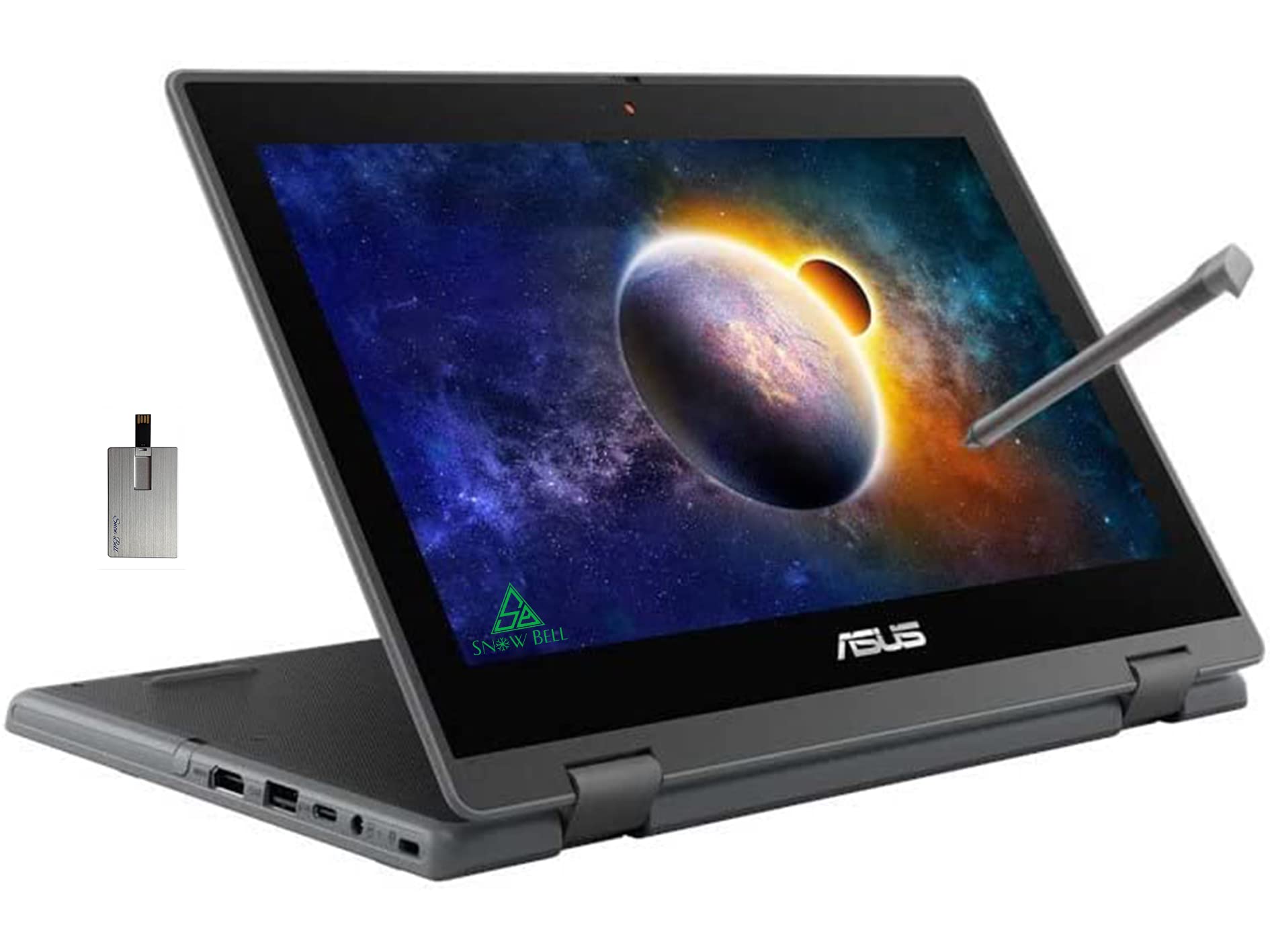 ASUS 2022 11.6'' HD 2-in-1 Touchscreen Business Laptop, Intel Celeron N4500 Processor, 4GB RAM, 128GB eMMC, Webcam, Intel HD Graphics 500, Windows 10 Pro, Dark Grey, 32GB SnowBell USB Card