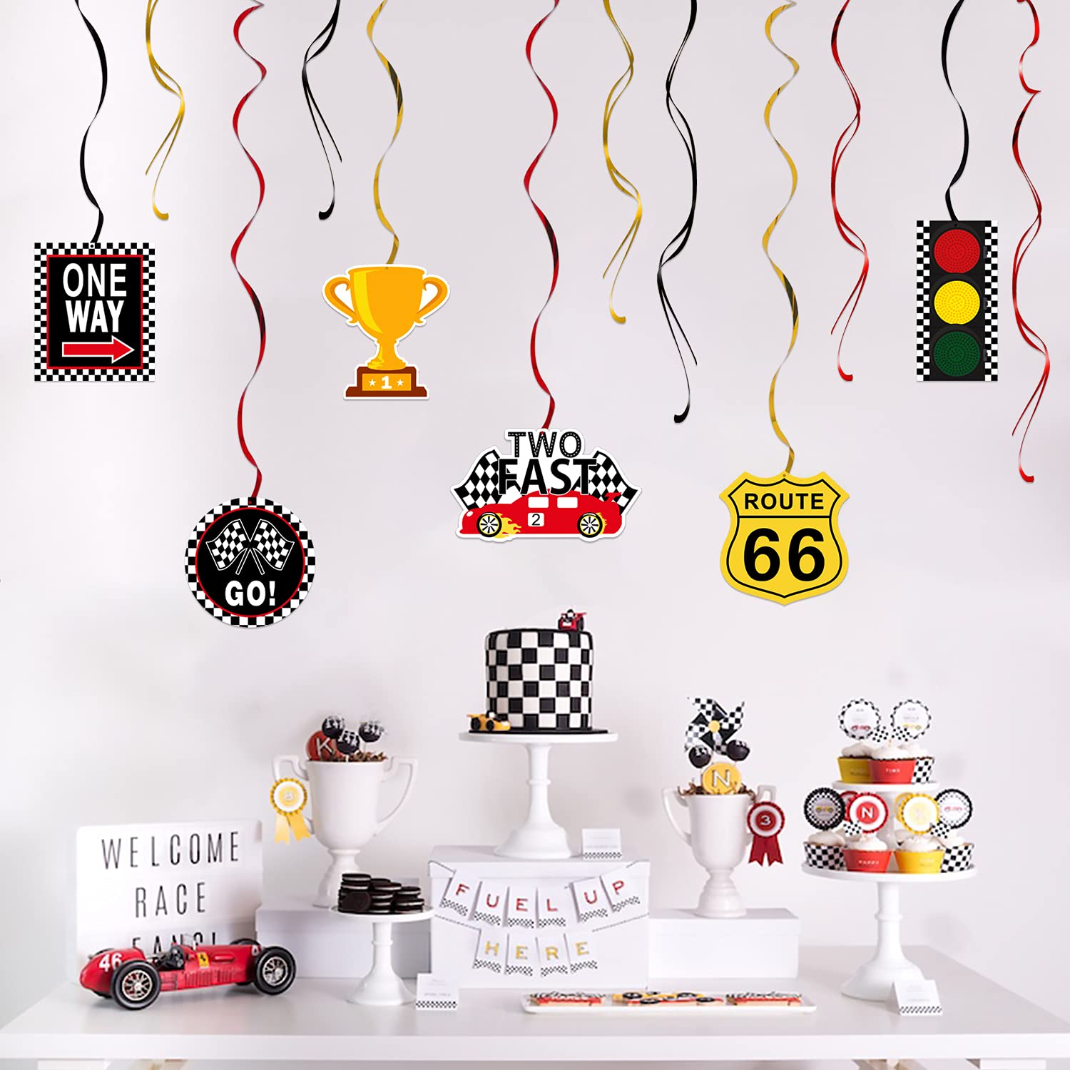 LINGTEER Race Car Two Fast Birthday Swirls Streamers - Let's Go Racing Happy 2nd Birthday Party Hanging Decorations Sign.