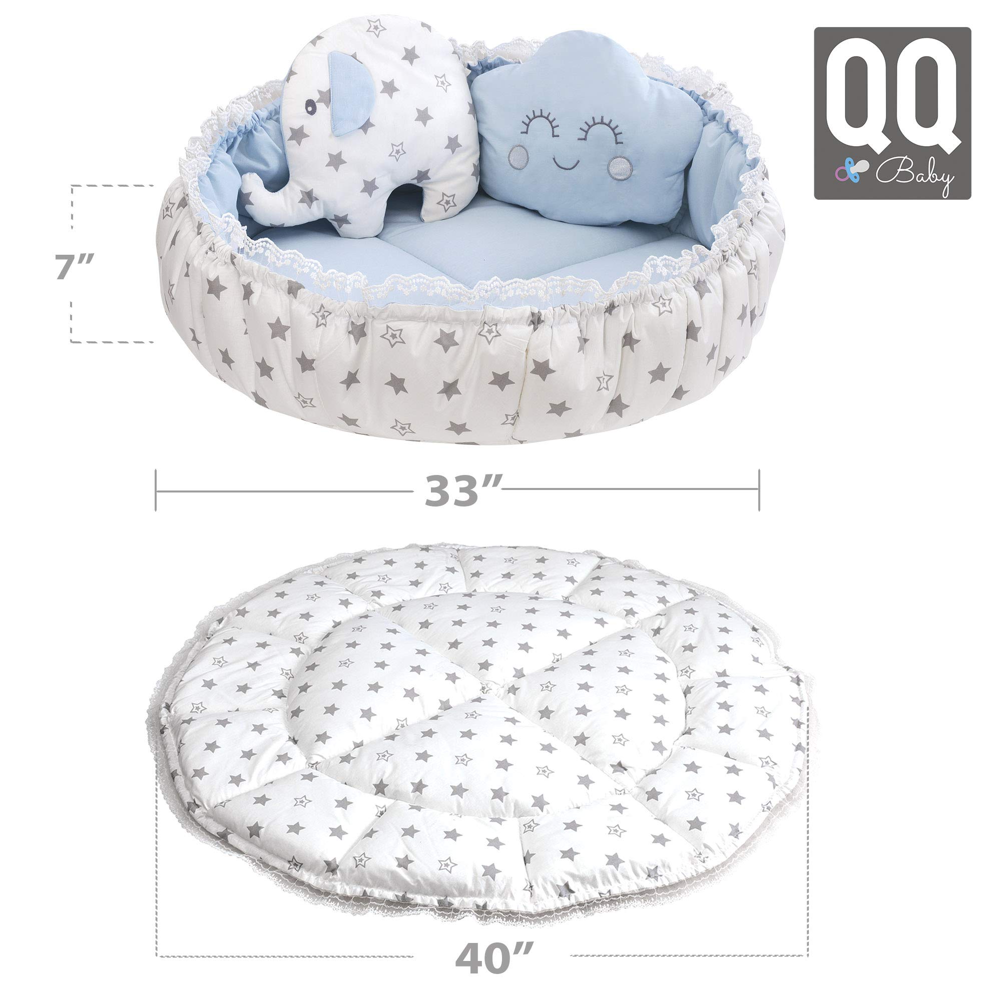 Baby Play Nest Sleeping Bed & Play Mat & Toy Bag | 100% Turkish Cotton | Multi-Functional & Adjustable | 3 Color Variations | 2 Decorative Pillows & Round Shape by QQ Baby