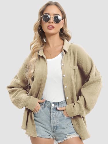 ATHMILE Womens Button Down Shirts Fall Fashion 2024 Shacket Jacket Long Sleeve Oversized Work Blouses T-Shirt