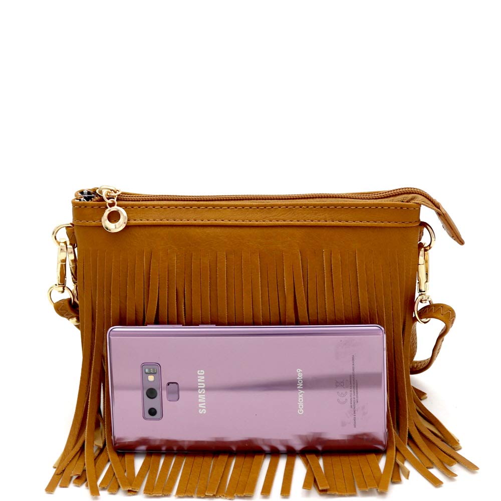 Front and Back Both Side Fringed Soft PU Leather Small Boho Crossbody Wristlet (ZBlack)