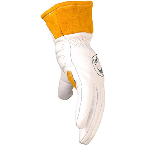 Caiman Premium Goat Grain TIG/MIG Welding Gloves with Wool Insulated Back, Scalloped Cuff, Boarhide Palm, Unlined, Reinforced Thumb, Kevlar, Kontour Design, White/Gold, Medium (1871-4)